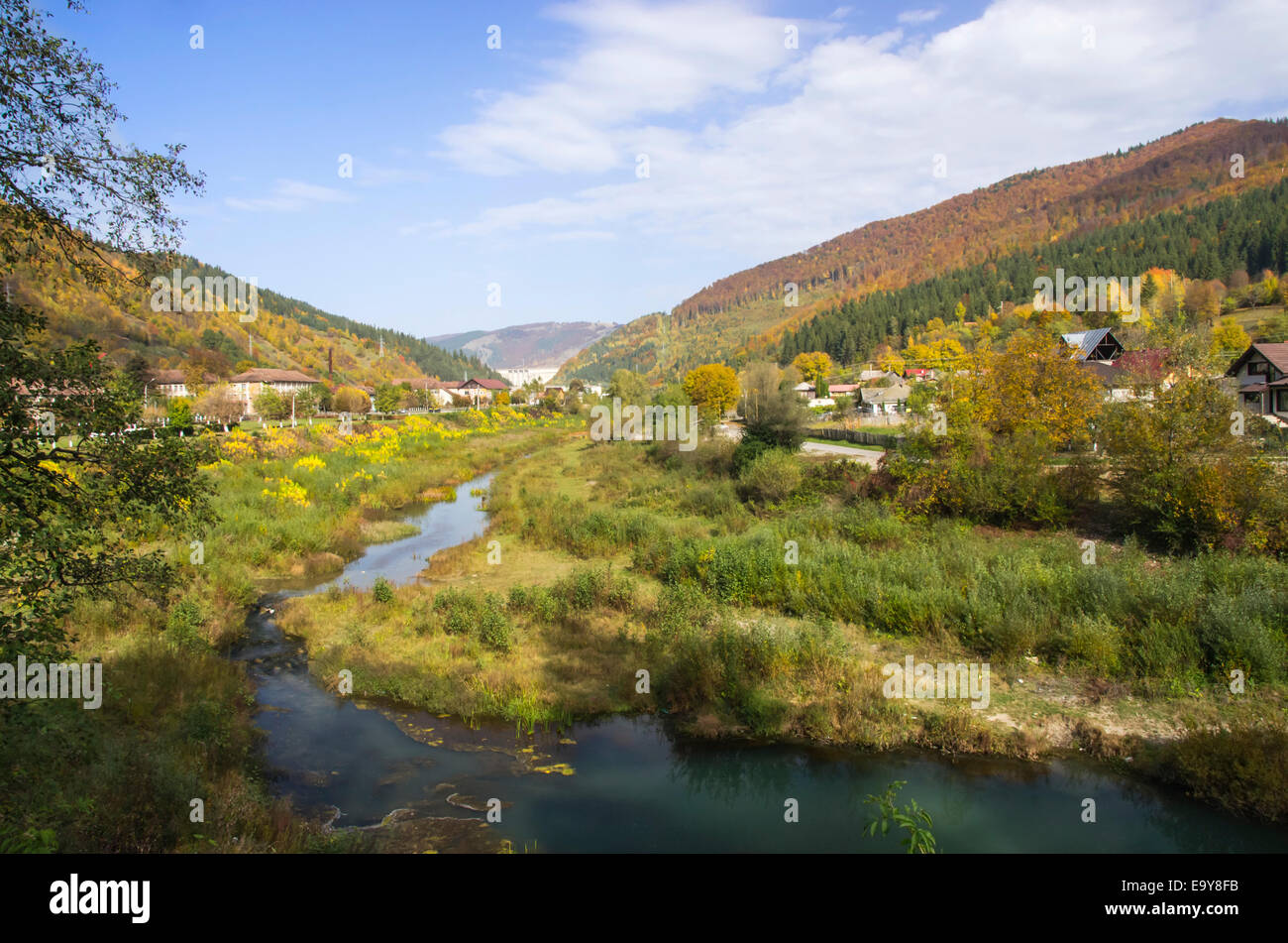 Autumn mountain valley view with forest Stock Photo - Alamy