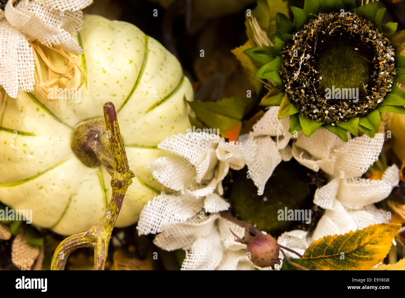 colorful fall decorations - pumpkins, leaves, flowers Stock Photo - Alamy