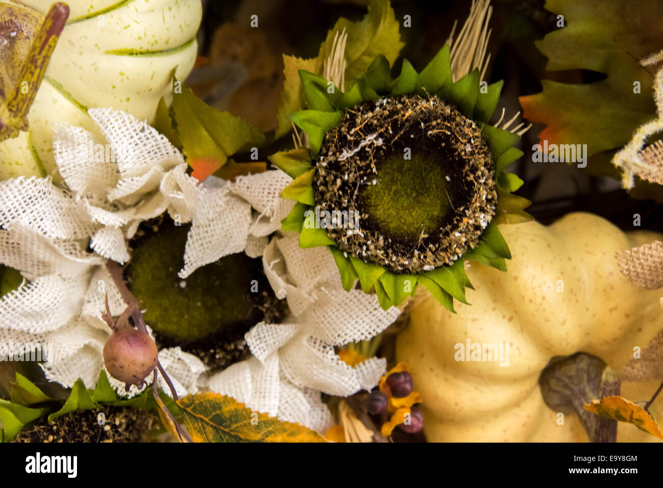 colorful fall decorations - pumpkins, leaves, flowers Stock Photo - Alamy