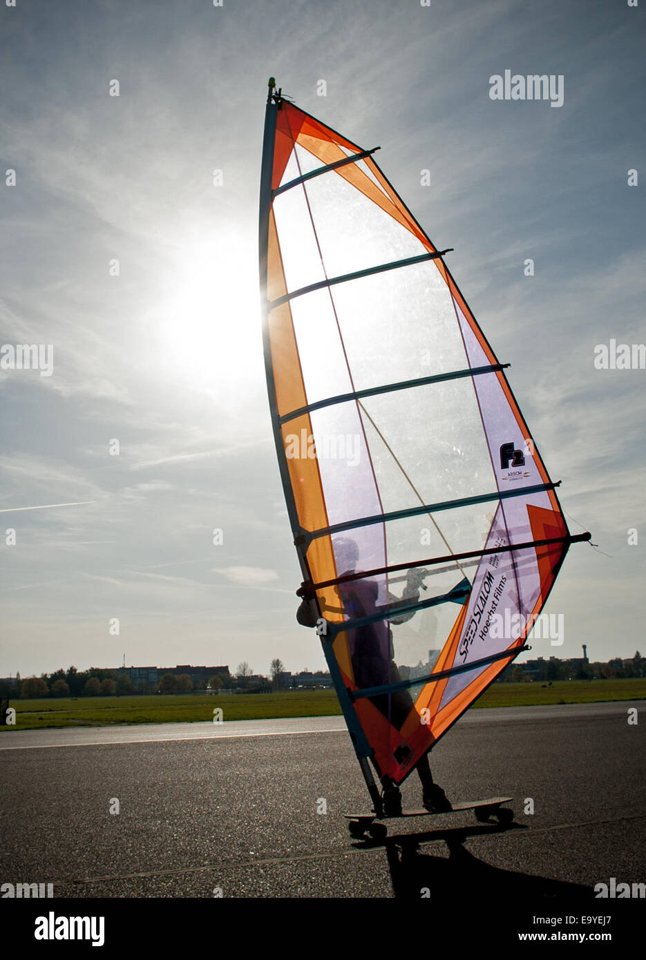 Berlin, Germany. 2nd Nov, 2014. A windskater performs his skills on his ...