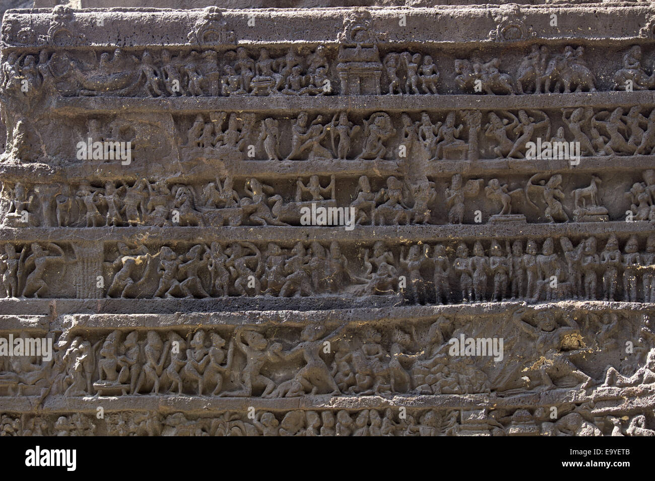 Cave 16. Kailasa temple. North wall of Rang Mahal. Mahabharata panel ...