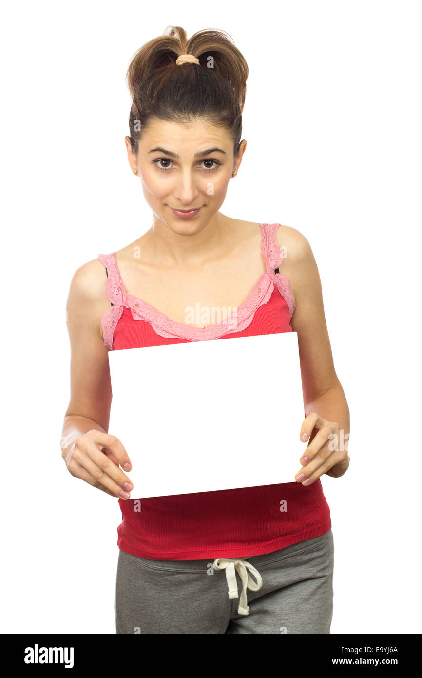 Young woman holding empty white board over white background Stock Photo ...
