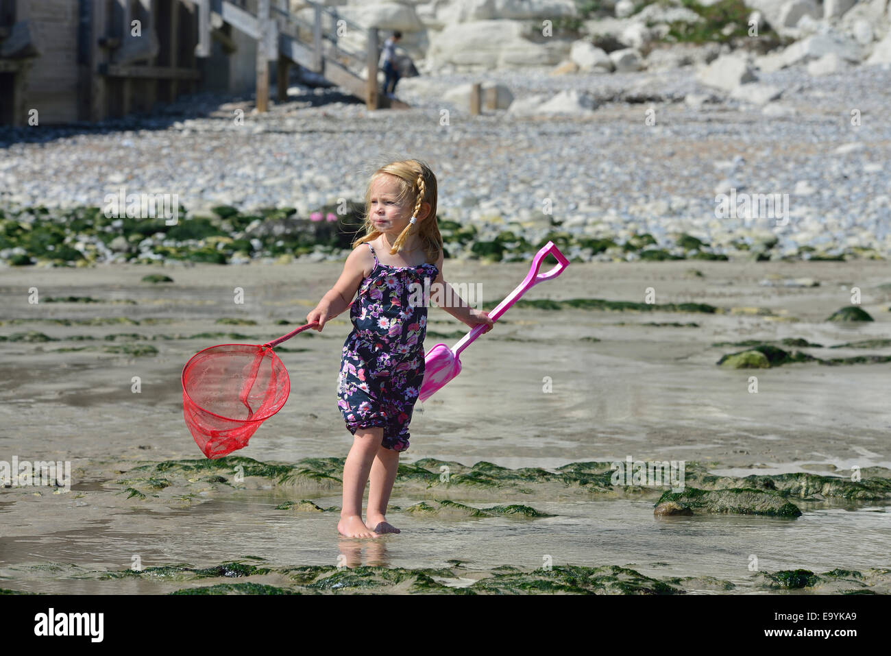 Child rock pooling at Holywell Retreat, South Downs. Eastbourne. UK ...