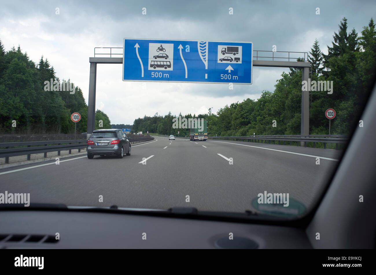 Approaching a step gradient with slow lane on the A9 autobahn, Bavaria ...