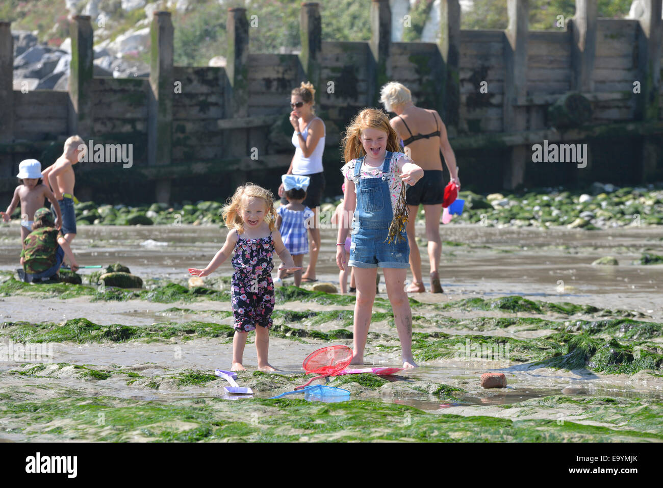 Children rock pooling at Holywell Retreat, South Downs. Eastbourne. UK ...