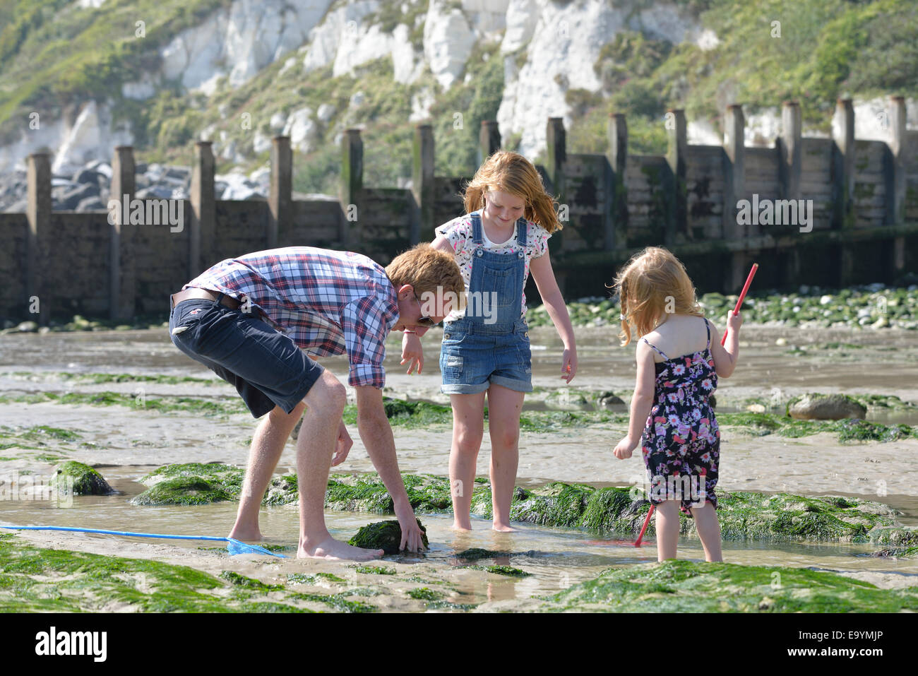 Children with father rock pooling at Holywell Retreat, South Downs ...