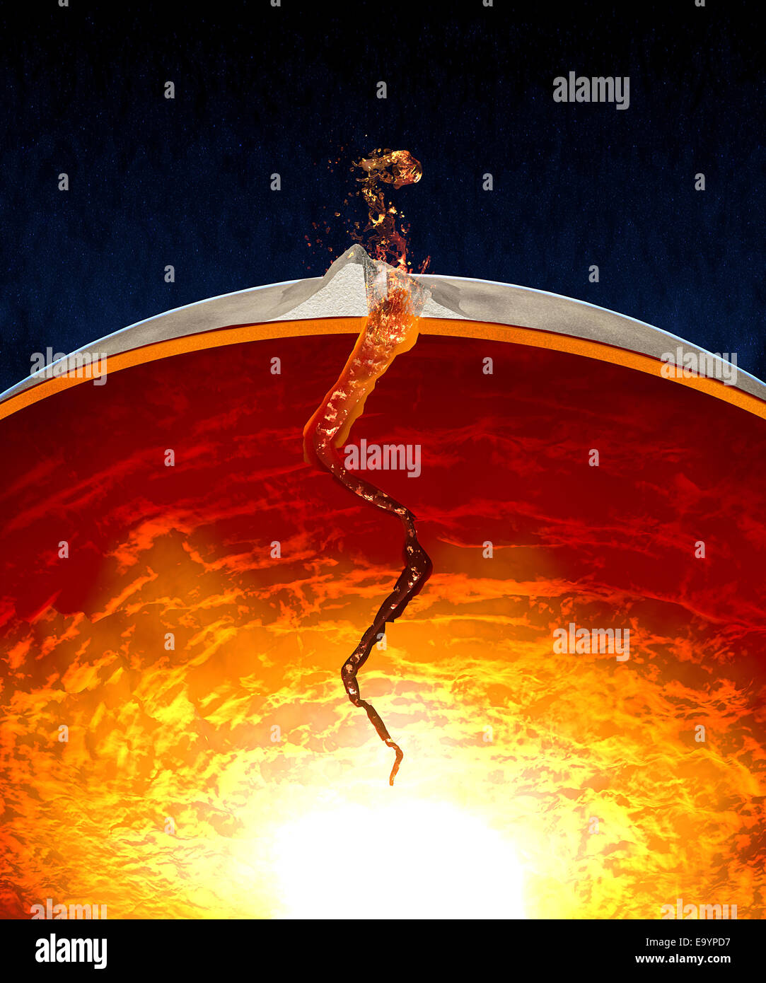 Erupting volcano and split the earth core Stock Photo - Alamy