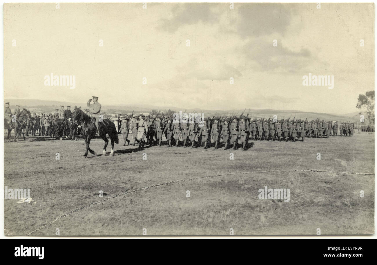 This image from 1914 shows an army parade at Brighton Camp, depicting ...