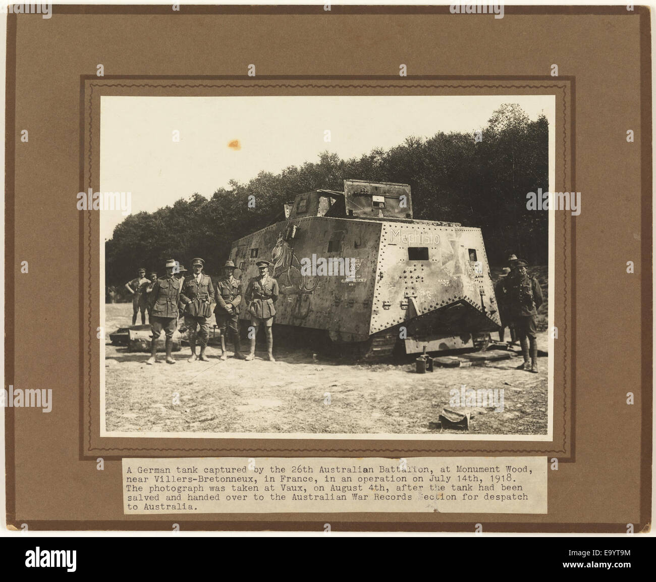 This photograph captures a German A7V tank, captured by the 26th ...