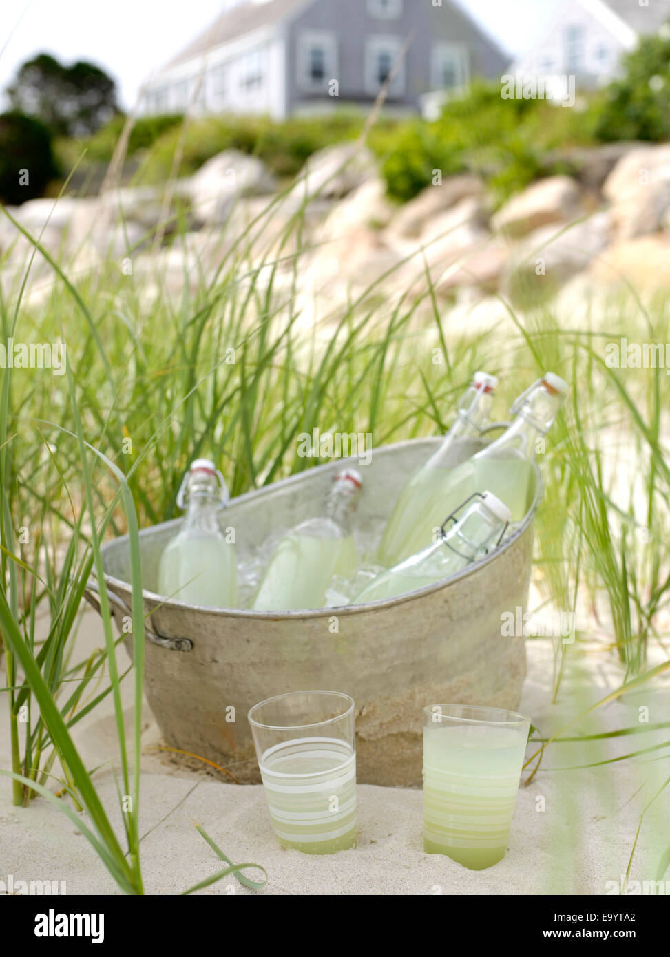 bucket of bottled lemon aide in metal bucket at beach Stock Photo - Alamy