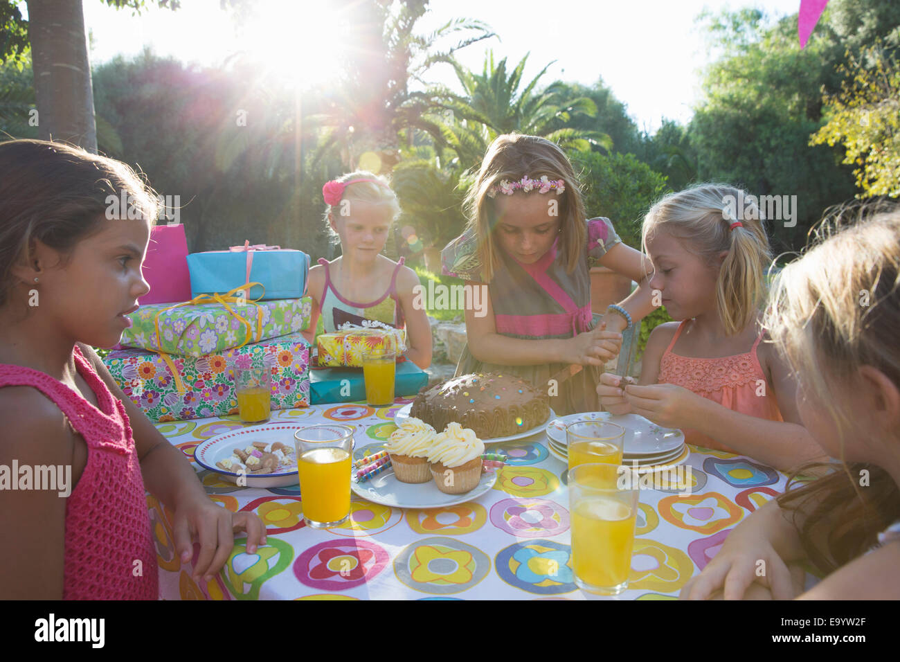 Girls cutting birthday cake with friends Stock Photo - Alamy