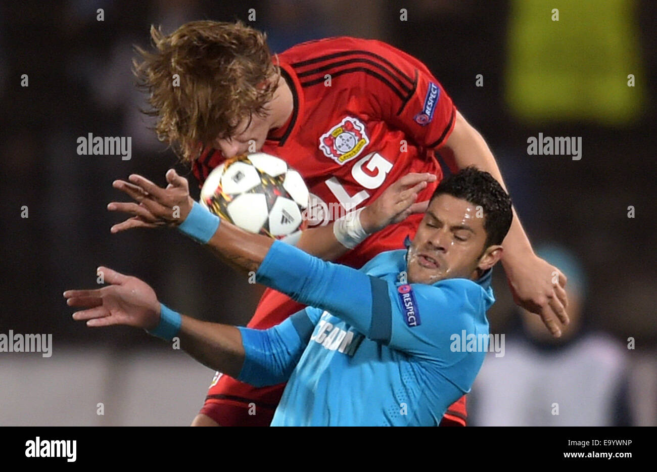 St. Petersburg, Russia. 04th Nov, 2014. Tin Jedvaj (up) of Bayer ...