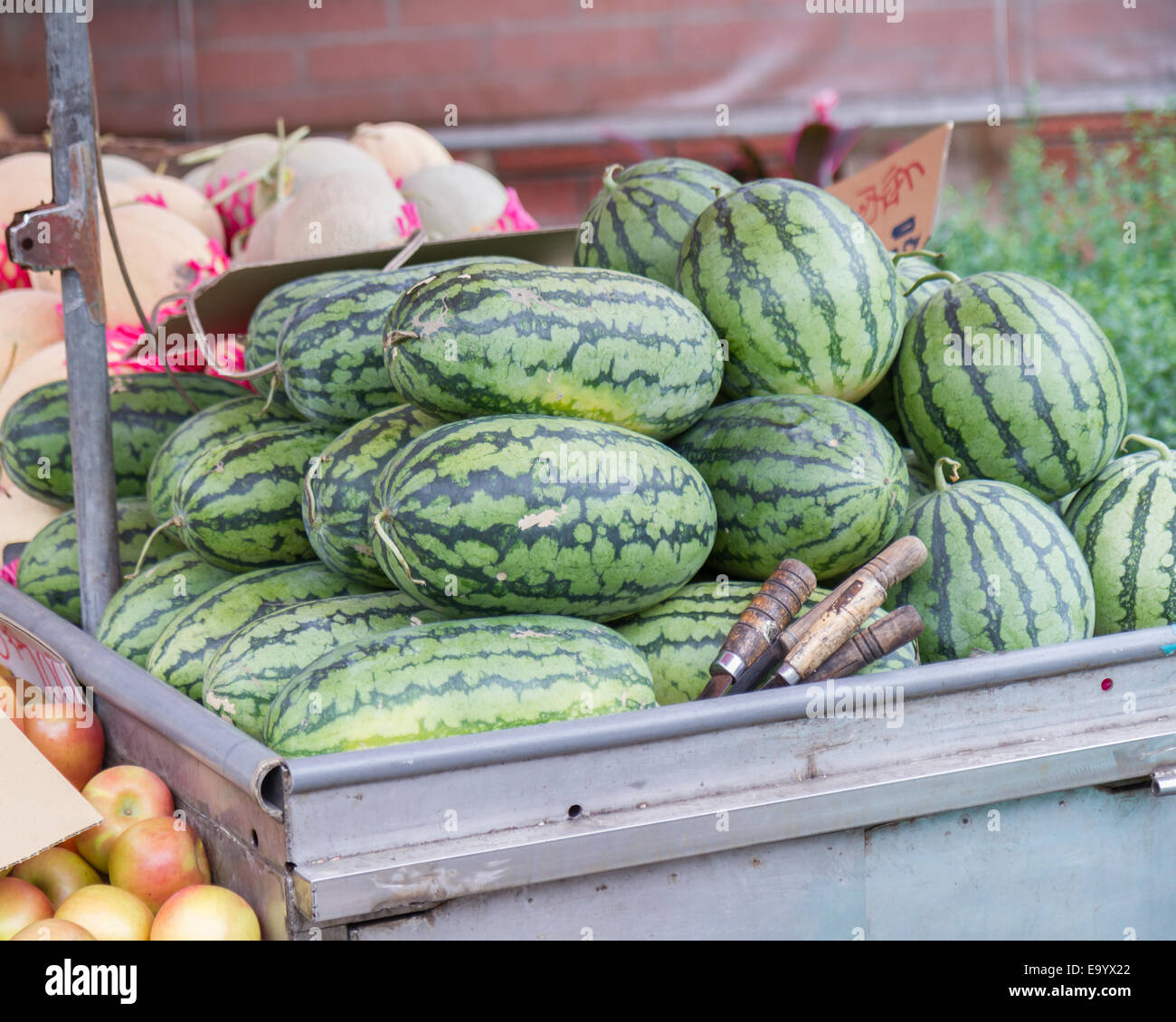 Ripe watermelons in cart at Taiwanese traditional market Stock Photo ...