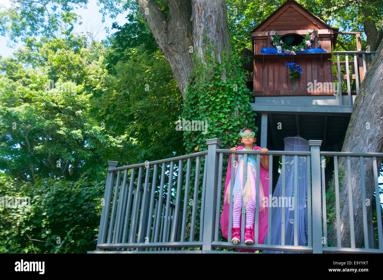 Young girl wearing fancy dress costume, standing in tree house Stock ...