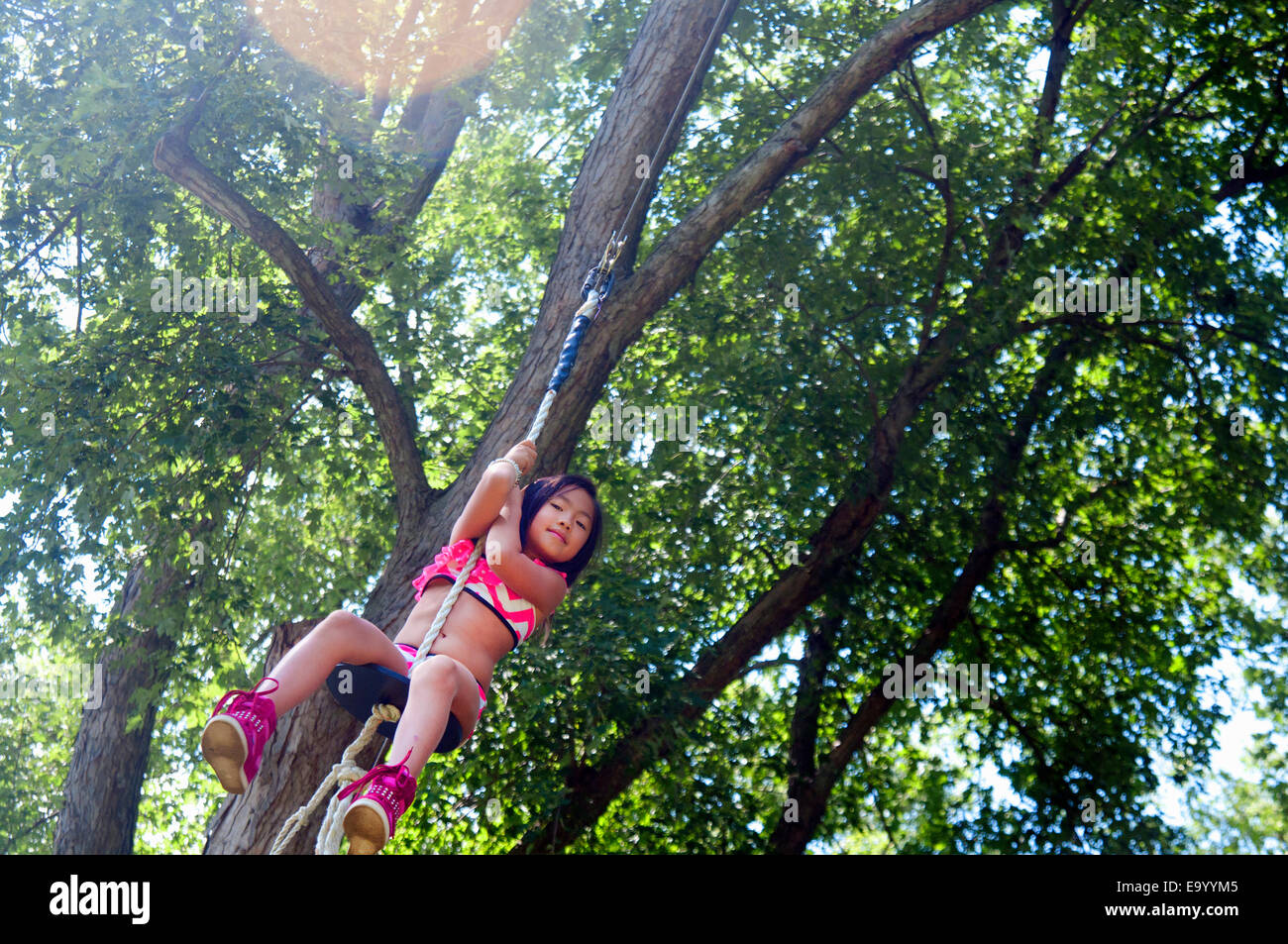 Young girl sitting on rope tree swing Stock Photo - Alamy