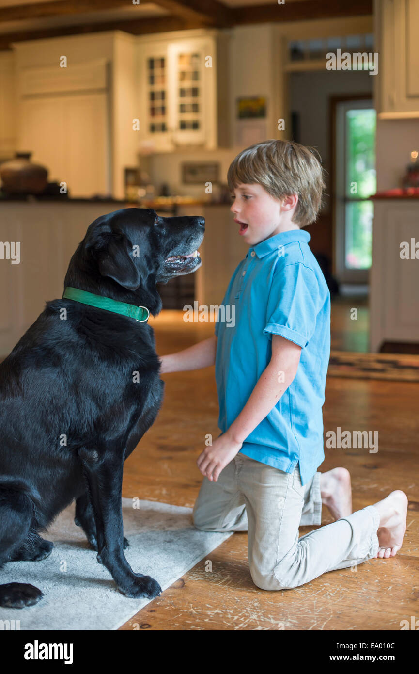 Young boy playing with pet dog Stock Photo - Alamy