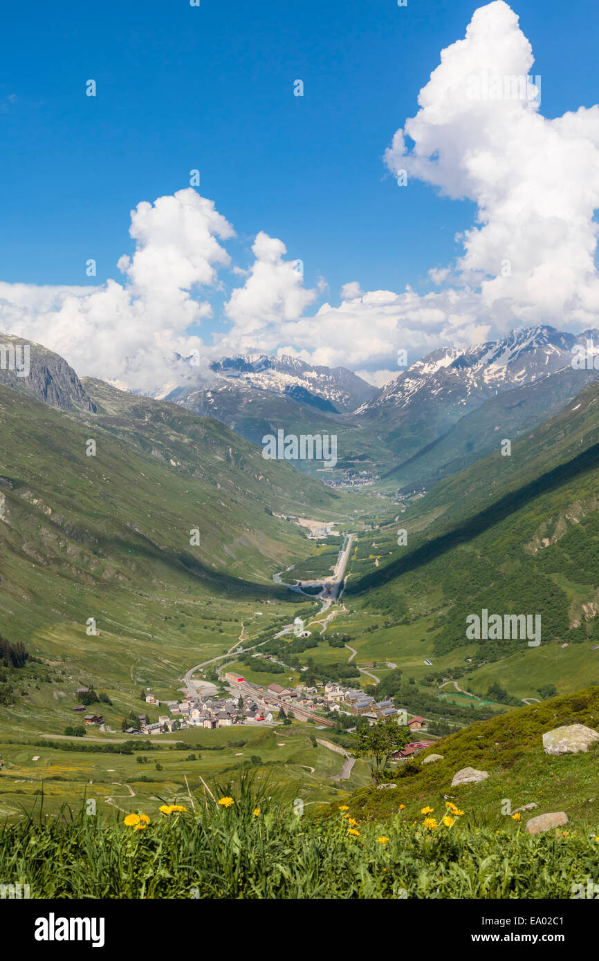 The village of Realp at the beginning of the Furka Pass, Swiss Alps ...