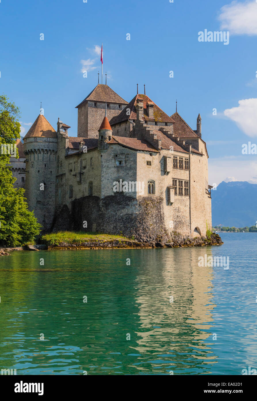Veytaux, Vaud Canton, Switzerland. Chateau de Chillon on shore of Lake ...