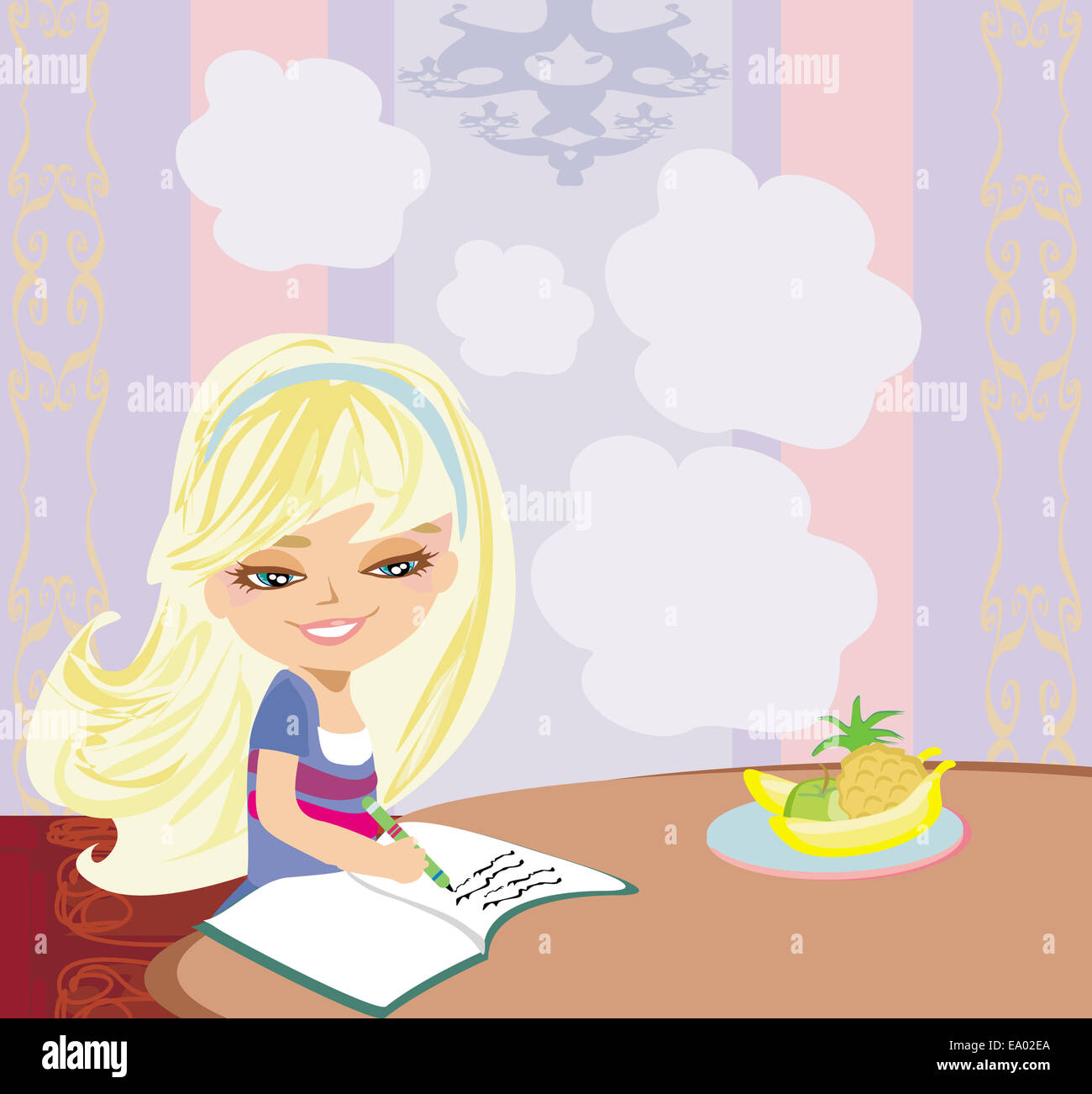 illustration of girl doing homework Stock Photo - Alamy