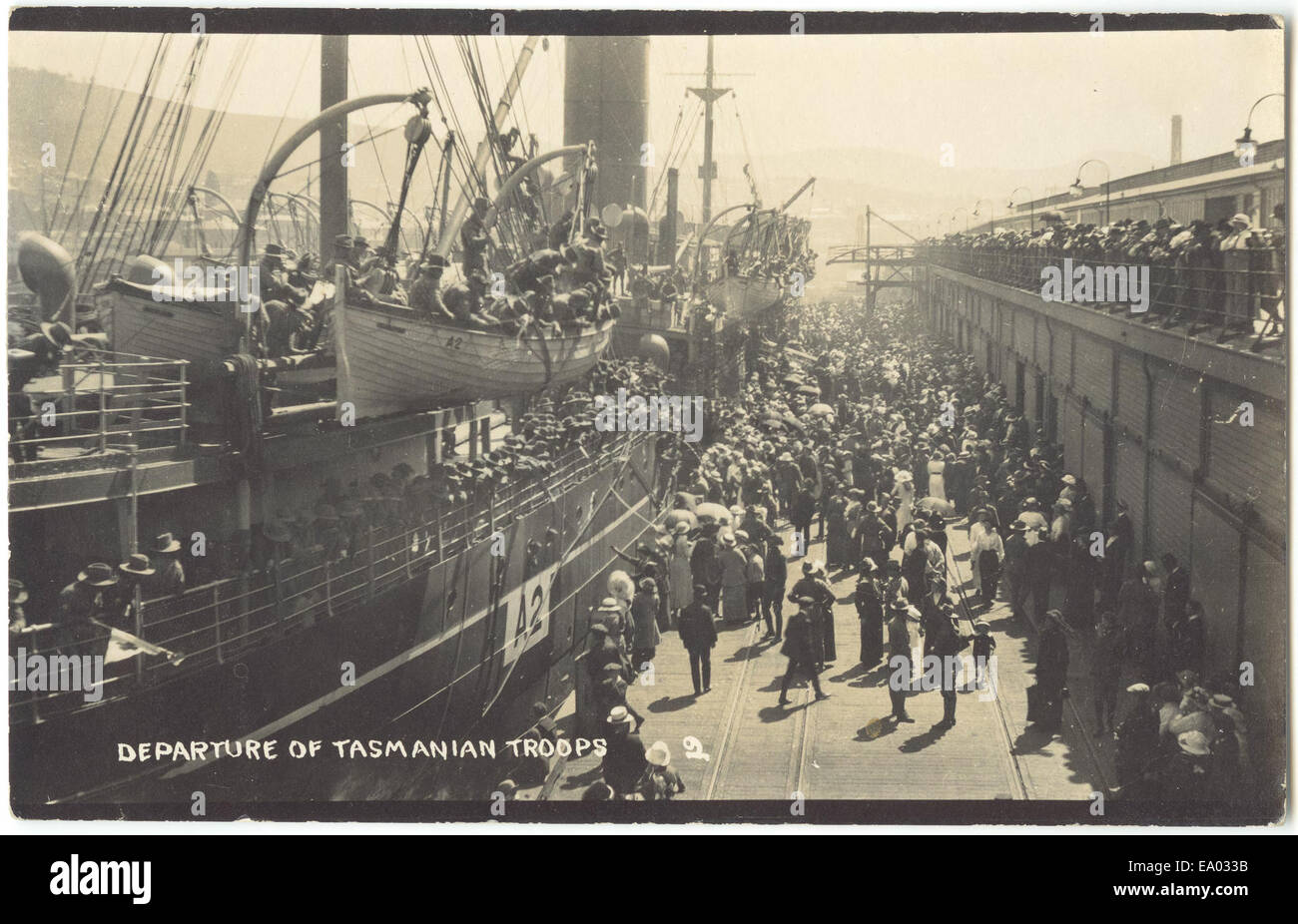 This photograph shows the departure of Tasmanian troops from Hobart ...