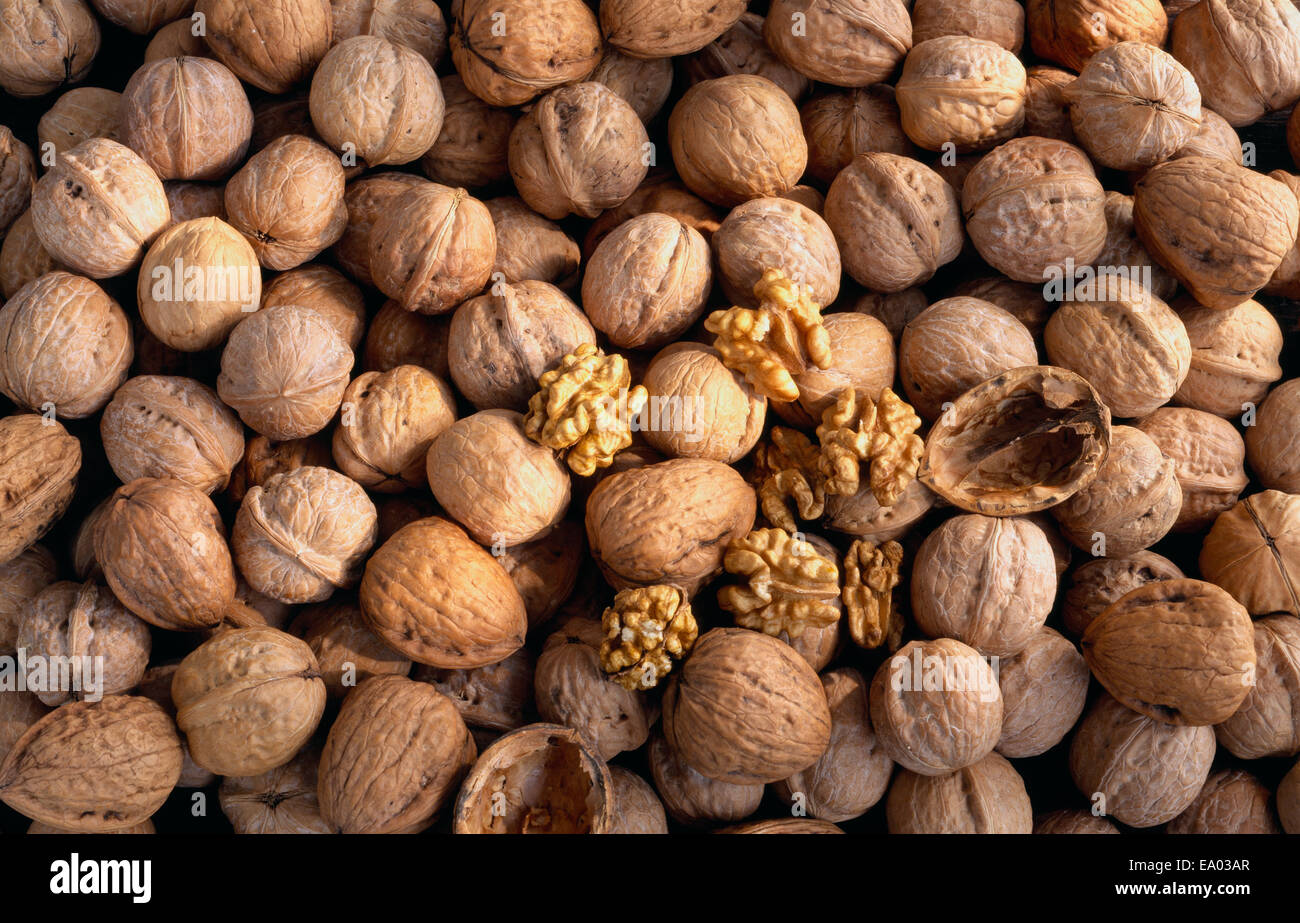 Agriculture - Full frame of shelled and unshelled walnuts, studio Stock ...