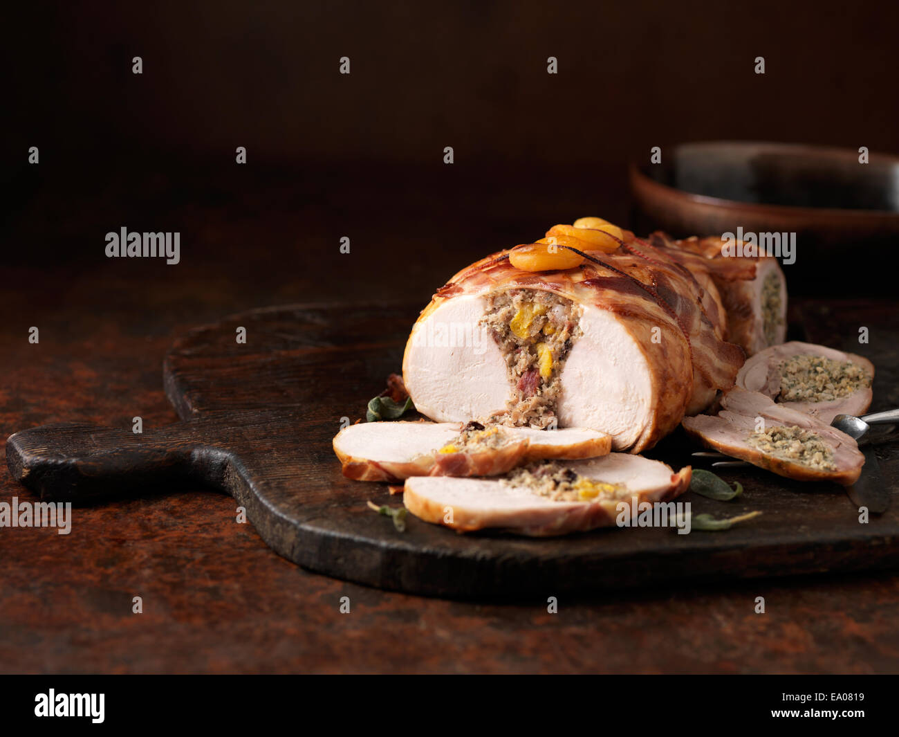 Christmas dinner. Boneless double stuffed turkey with sage, apricots ...