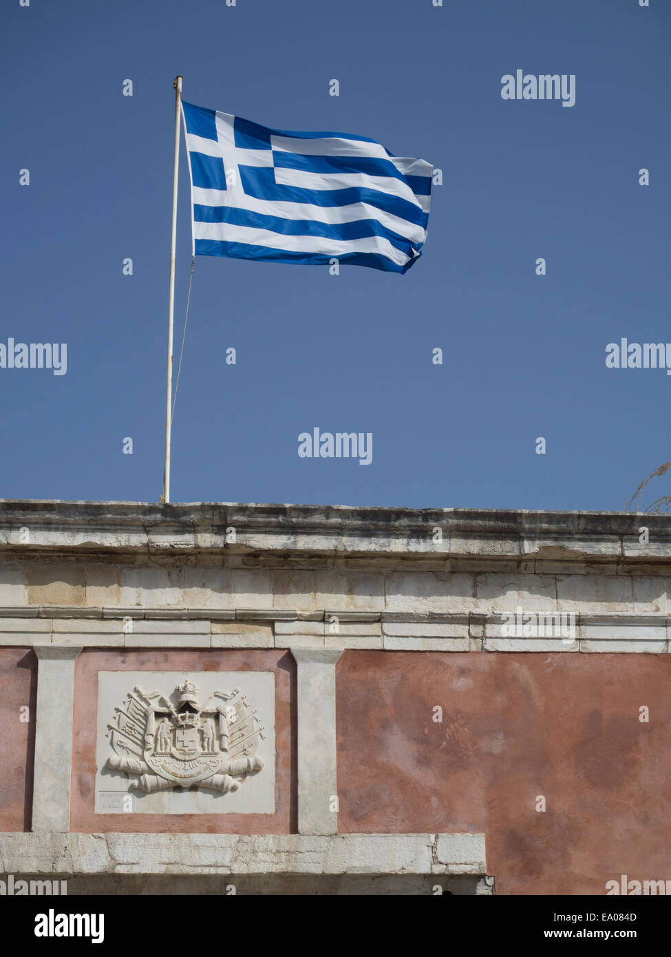 Greek flag flying over the Old Fortress of Corfu Stock Photo - Alamy