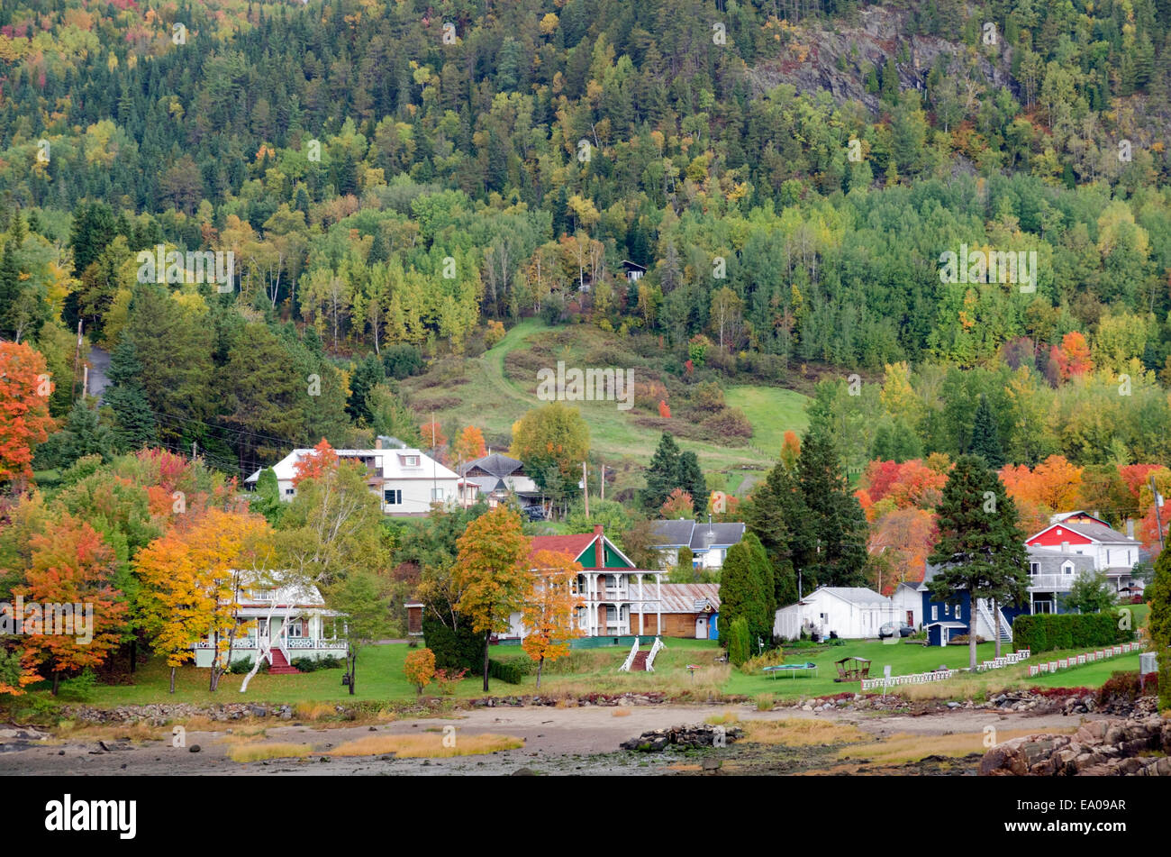 Beautiful homes on hillside surrounded by colorful autumn foliage Stock ...