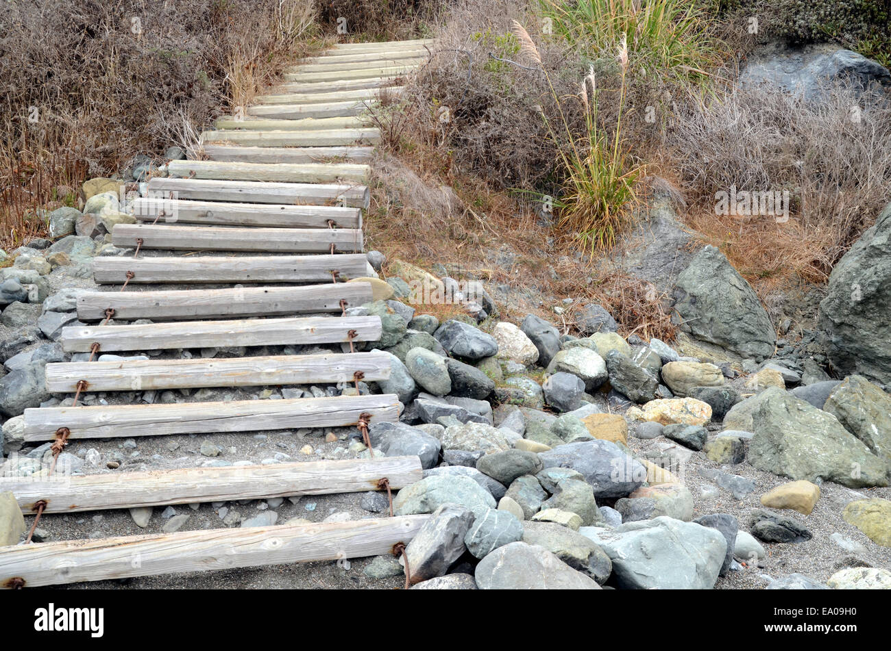 Wooden steps leading to a beach in California Stock Photo - Alamy