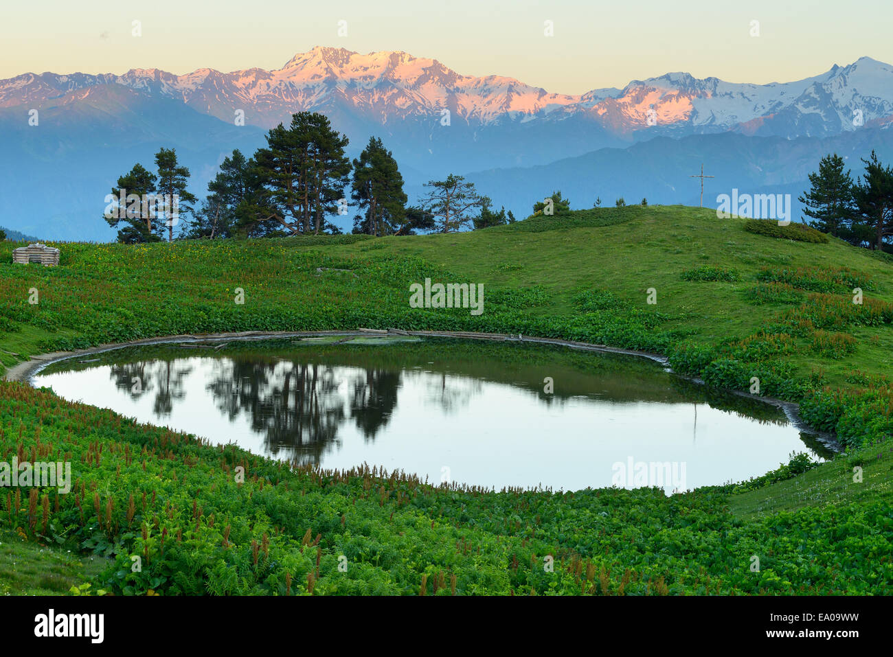 Pond and Ushba mountain, Mazeri village, Svaneti, Georgia Stock Photo ...