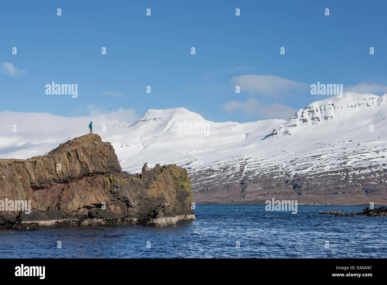 Man standing on edge of islet, Iceland Stock Photo - Alamy