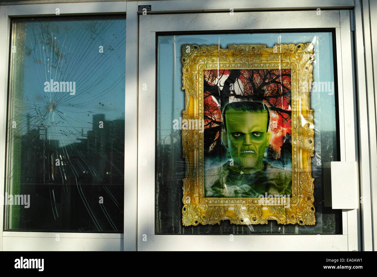 broken window after Halloween party at student halls, Luton Stock Photo ...