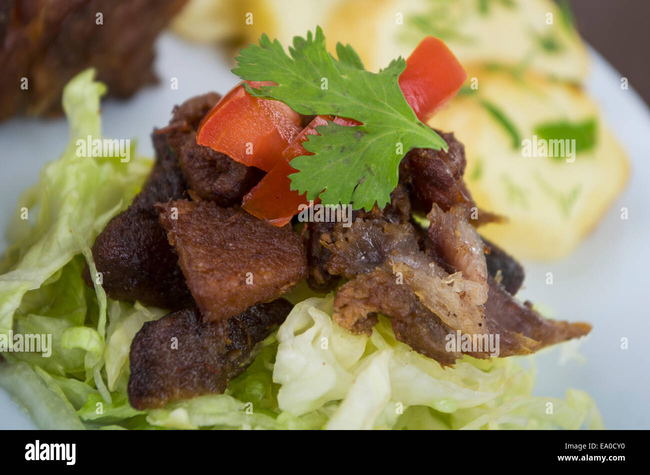 fritada fried pork Ecuadorian plate Stock Photo - Alamy