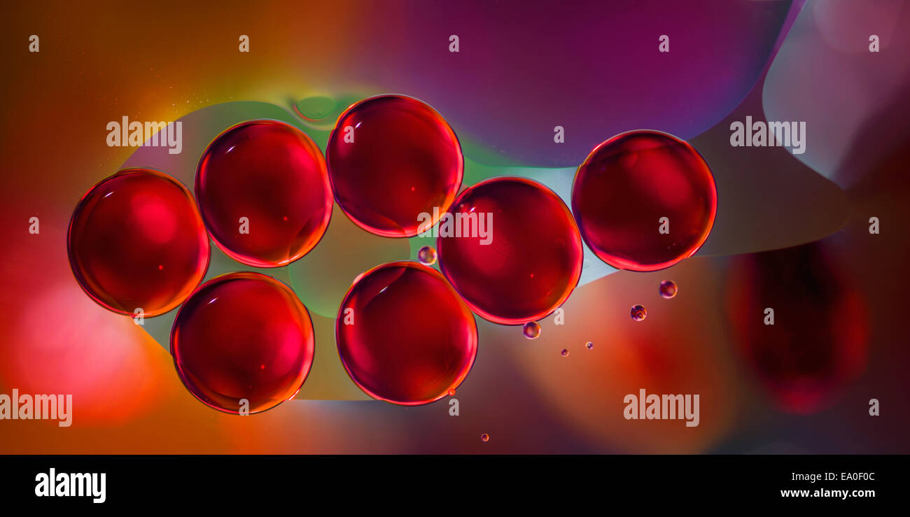 macro of red engine oil drops on water surface with colorful blured ...