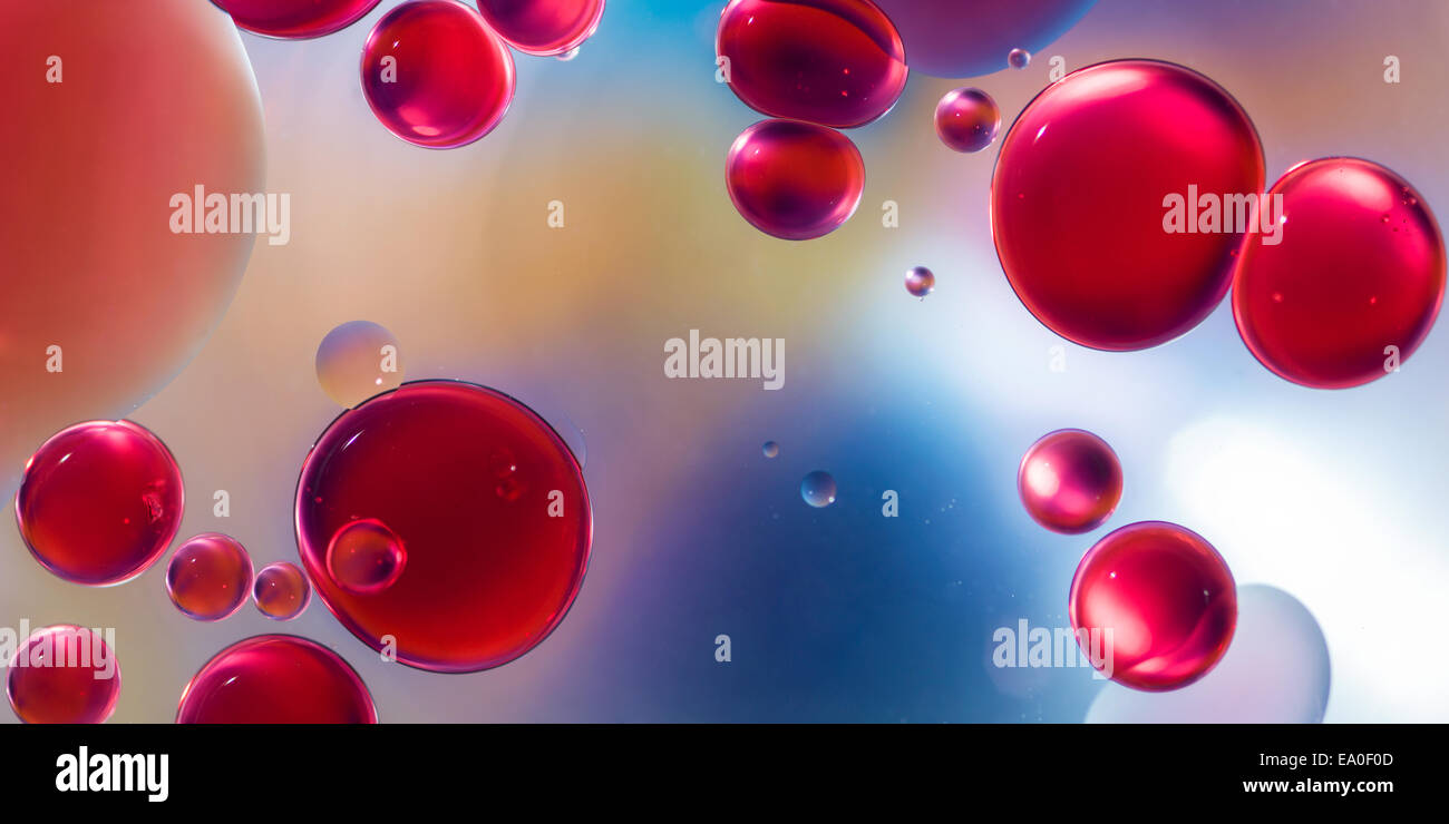 macro of red engine oil drops on water surface with colorful background ...