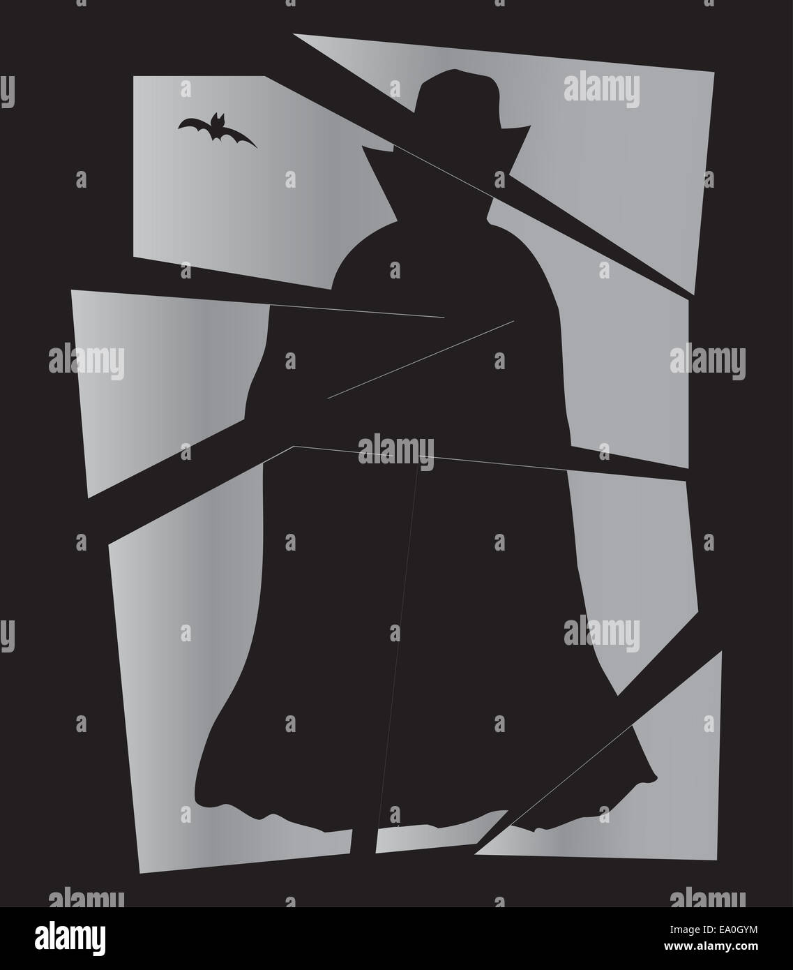 A silhouette of Dracula in a broken mirror isolated on a white ...