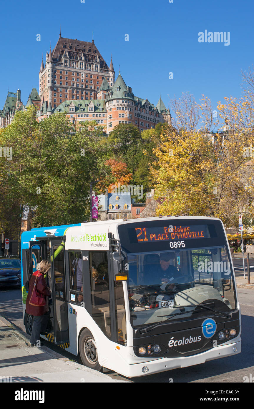 Woman boarding Eco electric bus old Quebec City, Quebec, Canada Stock ...
