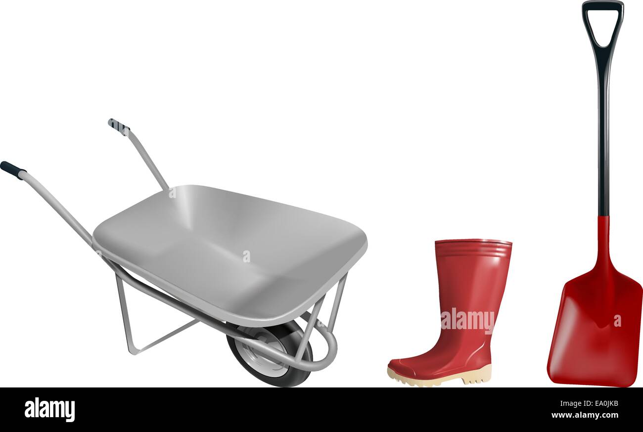 vector wheelbarrow shovel and rubber boot illustration Stock Vector ...