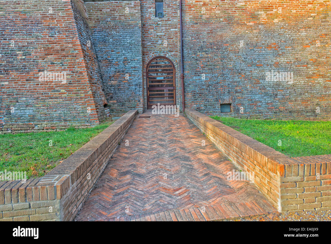 The medieval brick walls of the small village of Dozza near Bologna in ...