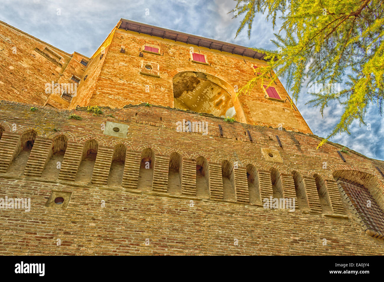The medieval brick walls of the small village of Dozza near Bologna in ...