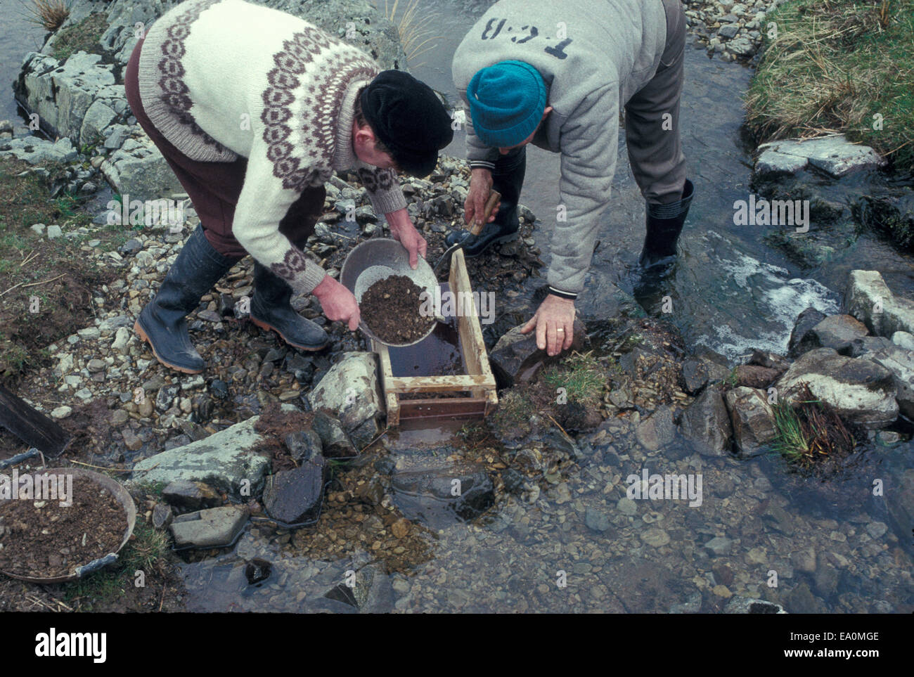 Panning for gold in a Scottish burn near Leadhills in Dumfriesshire ...
