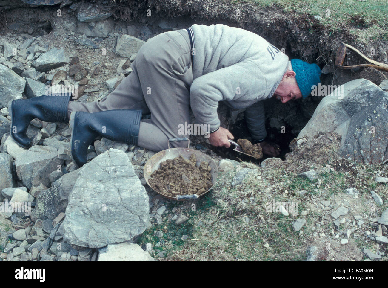 Panning for gold in a Scottish burn near Leadhills in Dumfriesshire ...