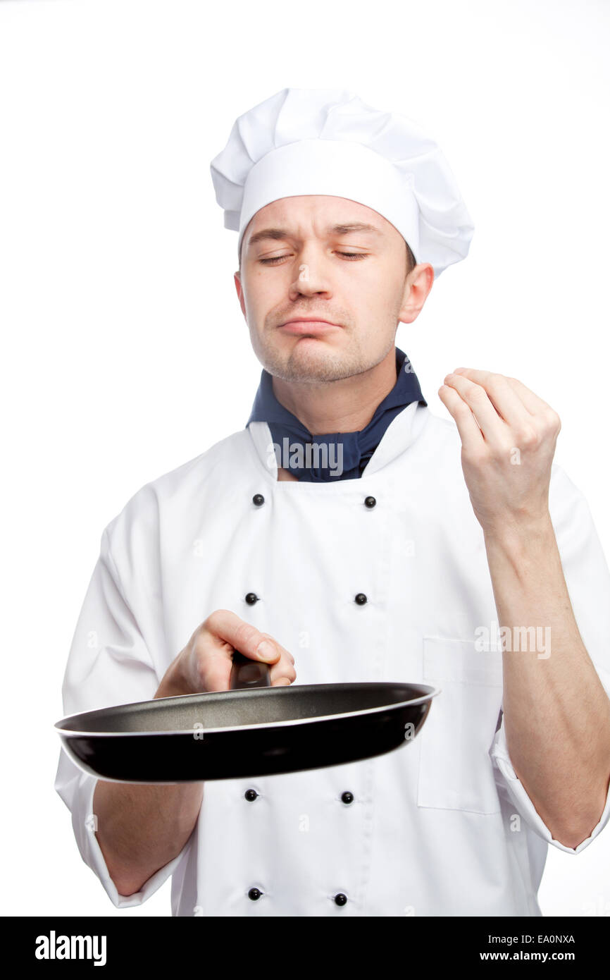 chef with pan in uniform Stock Photo - Alamy