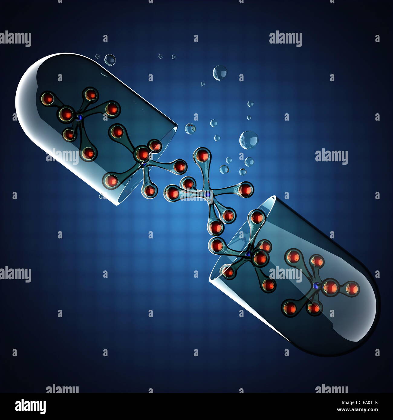 Transparent capsule on blue background Stock Photo - Alamy