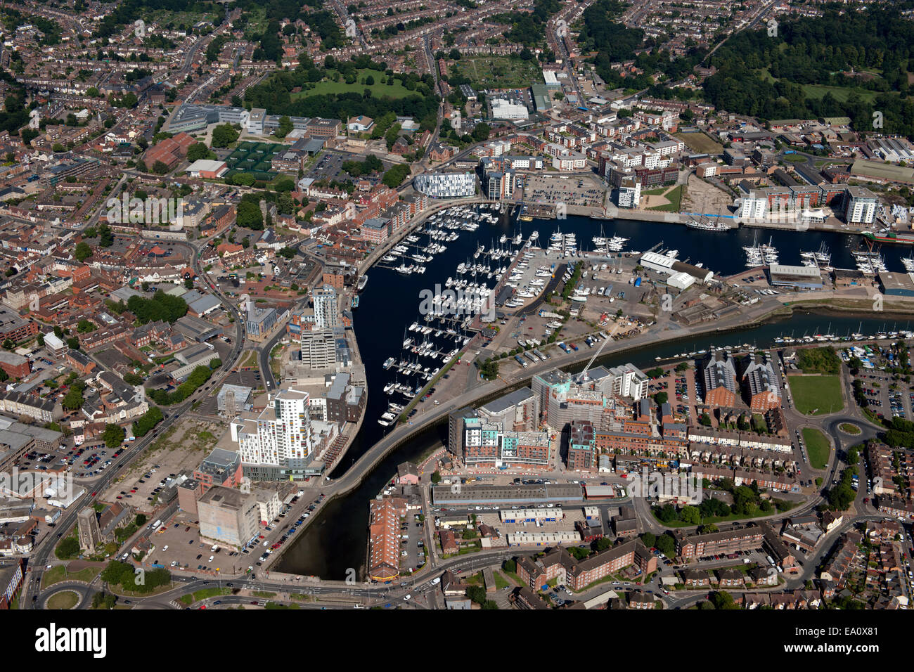 An aerial view of Ipswich Suffolk with the town centre, Football ...