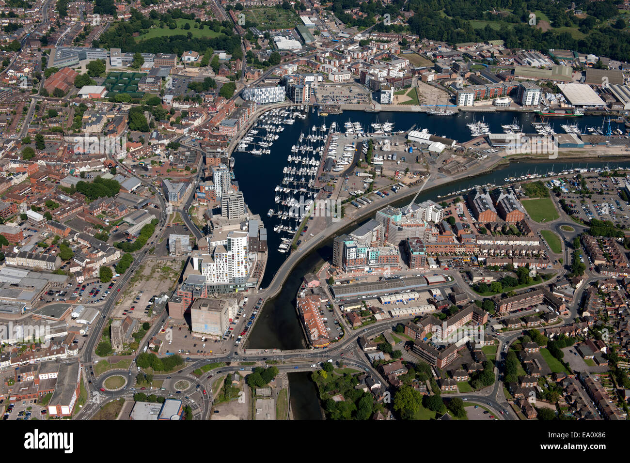 An aerial view of Ipswich Suffolk with the town centre, Football ...