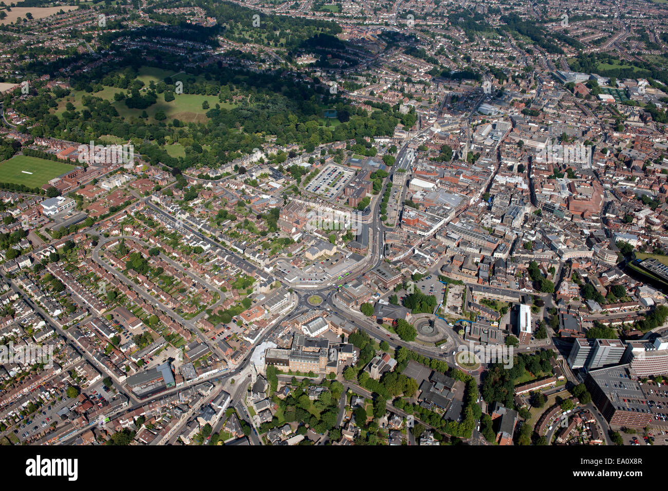 An aerial view of Ipswich Suffolk with the town centre, Football ...