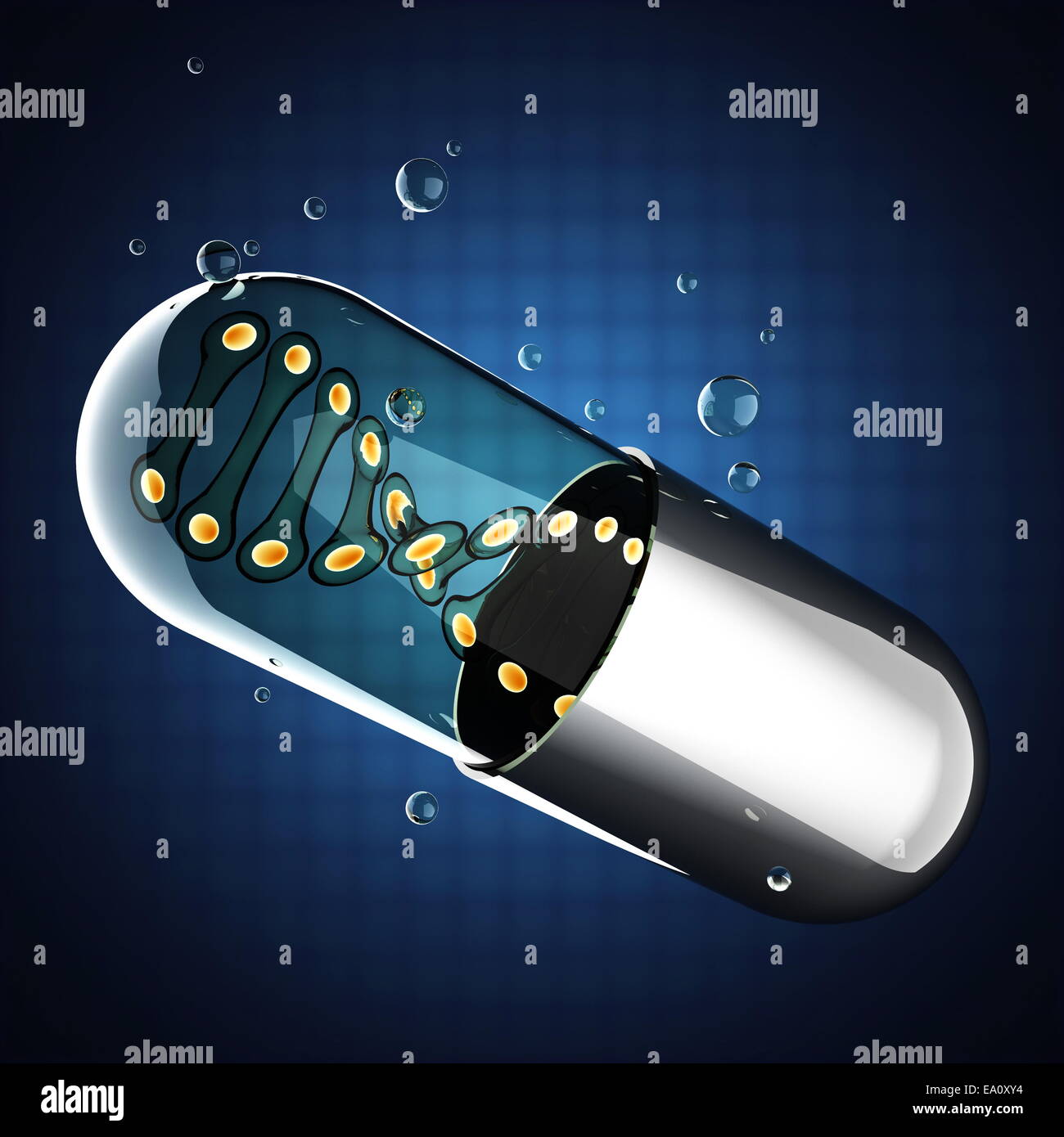 Transparent capsule on blue background Stock Photo - Alamy