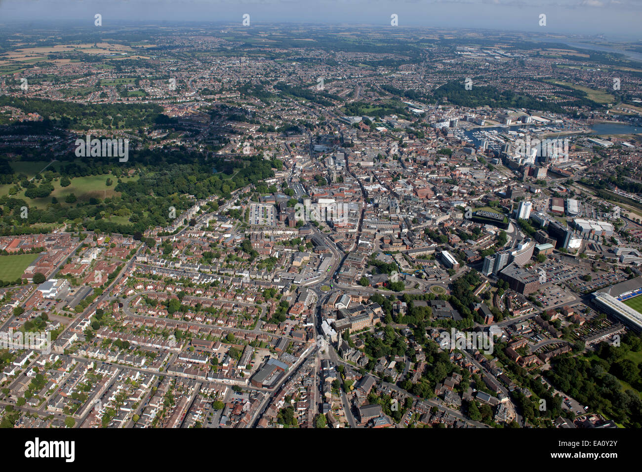 An aerial view of Ipswich Suffolk with the town centre, Football ...