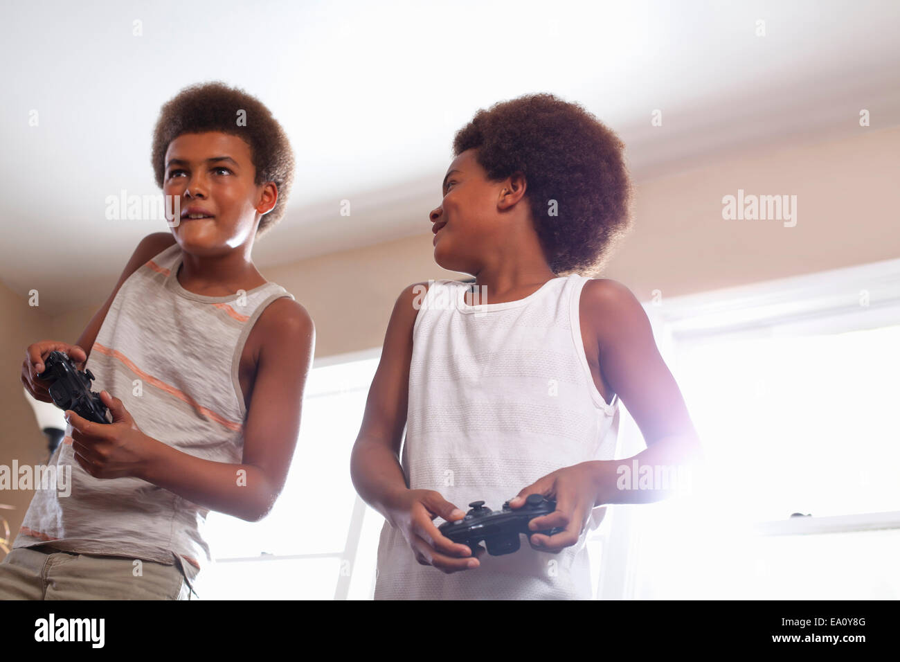 Two brothers with game controllers standing in living room Stock Photo ...